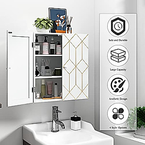 AZODY Bathroom Cabinet with Gold Trim, Wall-Mounted Bathroom Cabinet Storage Cabinet with Adjustable Shelves and Side Hooks, Space Saver Medicine Cabinet for Livingroom, Laundry, Frameless White