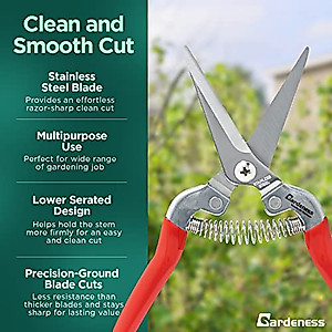 Gardeness Pruning Shear Straight Pruning Snip with Stainless Steel Serrated Blade, Adjustable Joint Screw Micro Tip Garden Scissor for Arranging, Trimming, Harvesting Fruit, Vegetables, Made in Taiwan