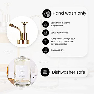 Molimoli Coffee Syrup Dispenser for Coffee Bar, Coffee Pump Dispenser, Glass Syrup Bottle w. Pumps and Labels, 16.9 oz 500 ml, Set of 2, Gold