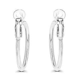 Sterling Silver Polished Omega Back Hoop Earrings for Women | 2x25mm Round Hoop Earrings | Secure Bar Closure | 14k Plated Shiny Classic Earrings