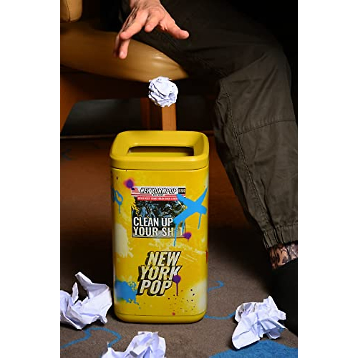 Cussso Decorative 1.8 Gallon Trash Can Waste Bin for Home, Office, Bathroom - Stylish Design Collector's BIN for Any Interior Décor (Yellow - New York Pop)