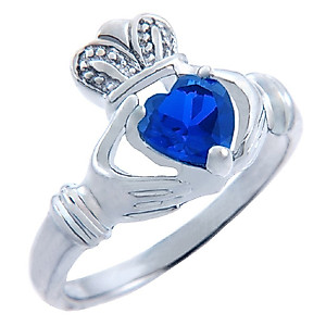 Personalized Sterling Silver Solitaire September Birthstone Heart CZ Irish Claddagh Ring (Size 7)