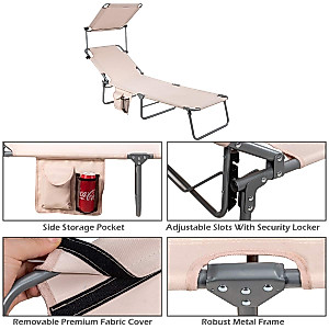 Giantex Tanning Chair, Patio Chaise Lounge Chair with 5 Adjustable Position, Shade Canopy, Storage Pocket, Camping Cot, Outdoor Sunbathing Recliner for Poolside, Lawn Folding Beach Chairs(1, Beige)