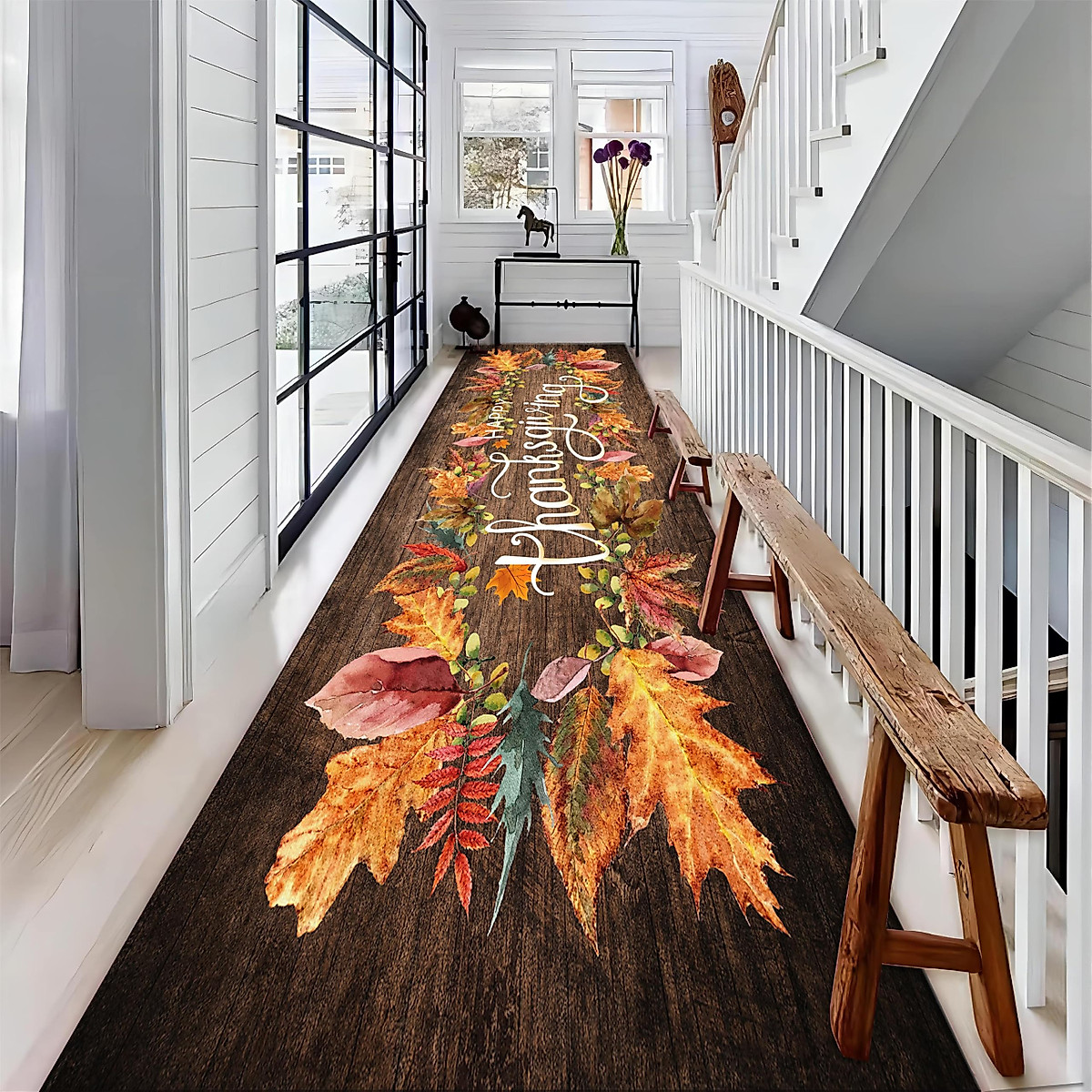 Brown Thanksgiving Indoor Rug, 2x6ft, Happy Fall Autumn Leaves Wreath Hallway Carpet, Low Pile Shed Resistant Kitchen Mat, Breathable Washable Non-Slip Throw Rugs for Entryway Porch