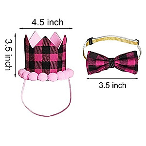 JOTFA Dog Birthday Party Supplies, Plaid Dog Birthday Bandana Girl with Dog Birthday Number Crown Hat Bowtie for Small Medium Dogs Birthday Outfit (Pink, Bandana & Hat & Bow Tie & Number)