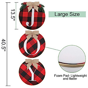 Christmas Joy Wreath for Front Door - Rustic Wooden Buffalo Plaid Xmas Wreath, 14Inch Large Sign for Indoor Home Window Wall Farmhouse Party Decor