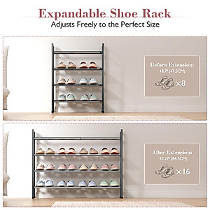 Bumusty 4-Tier Expandable Shoe Rack for Closet, 18“-33” Adjustable Shoe Rack for Small Space, Small Shoe Organizer for Front Door, Sturdy Metal, Gray
