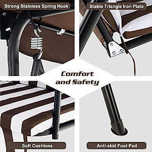 MCombo 2-3 Person Patio Swings with Canopy, Outdoor Porch Swing Chair with Steel Stand, Removable Cushions, for Backyard Garden Balcony 4008 (Brown with White Stripes)