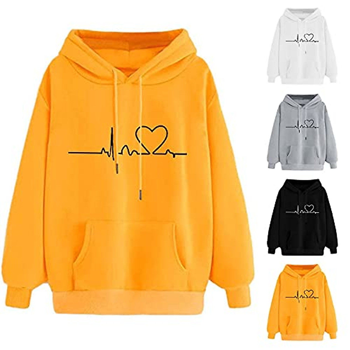 Fashion Hooded Sweatshirts for Women Long Sleeve Drawstring Pocket Classic Pullovers Electrocardiogram Casual Shirt Tops Yellow