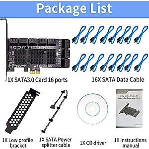 ACTIMED PCIE SATA Card 16 Port with 16 SATA Cable, 6 Gbps SATA 3.0 Controller PCI Express Expansion Card with Low Profile Bracket, Support 16 SATA 3.0 Devices, Compatible with Windows,MAC,Linux System