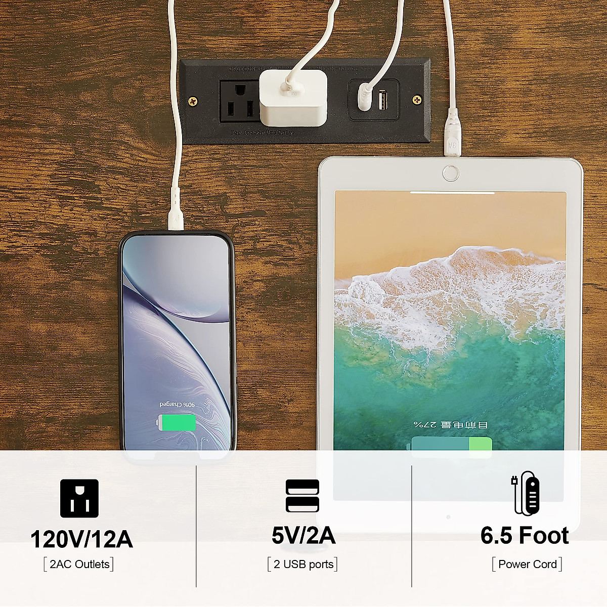 VECELO 24" End Table with Charging Station, Flip Drawer Nightstand Set of 2 with USB Ports and Outlets for Bedroom,Living Room, Rustic Brown