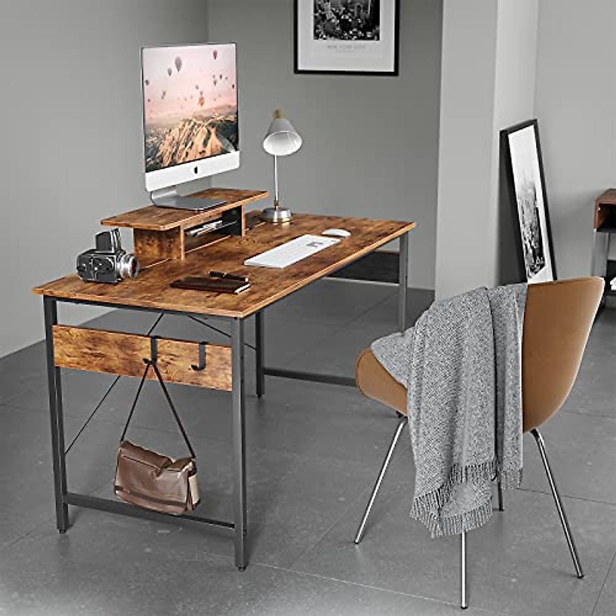 CubiCubi Small Computer Desk 40" Home Office Desk with Storage Table, Modern Writing Style PC Table with Mobile Phone Bracket and Hooks, Rustic Brown