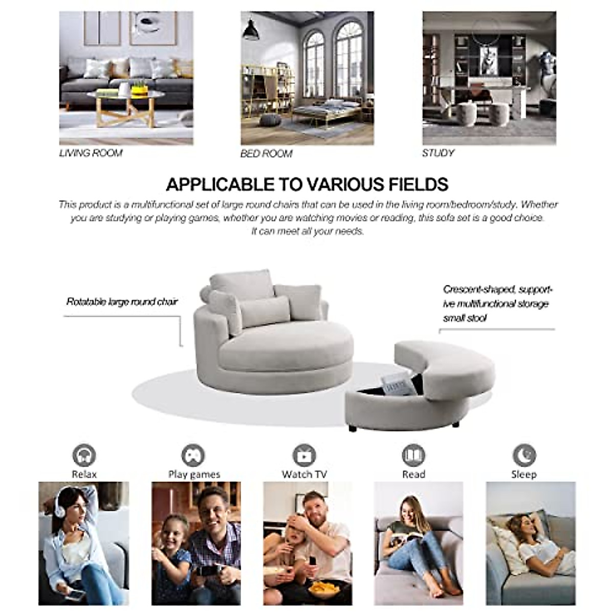 Swivel Accent Barrel Chair with Storage Ottoman,Comfy Teddy Upholstered 360° Recliner Sofa Club Chaise Leisure Round Lounge Armchair Singel Lazy Sofá Arm Chairs and Footrest Set for Living Room/Hotel