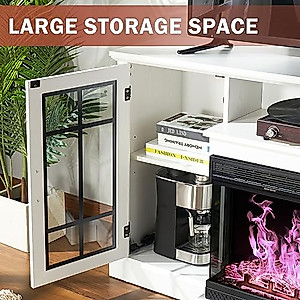 oneinmil Fireplace TV Stand with 3-Sided Glass Electric Fireplace,59'' Modern Media Entertainment Center with Farmhouse Glass Door Storage Cabinet, TV Cabinet for TVs up to 65",for Living Room,White
