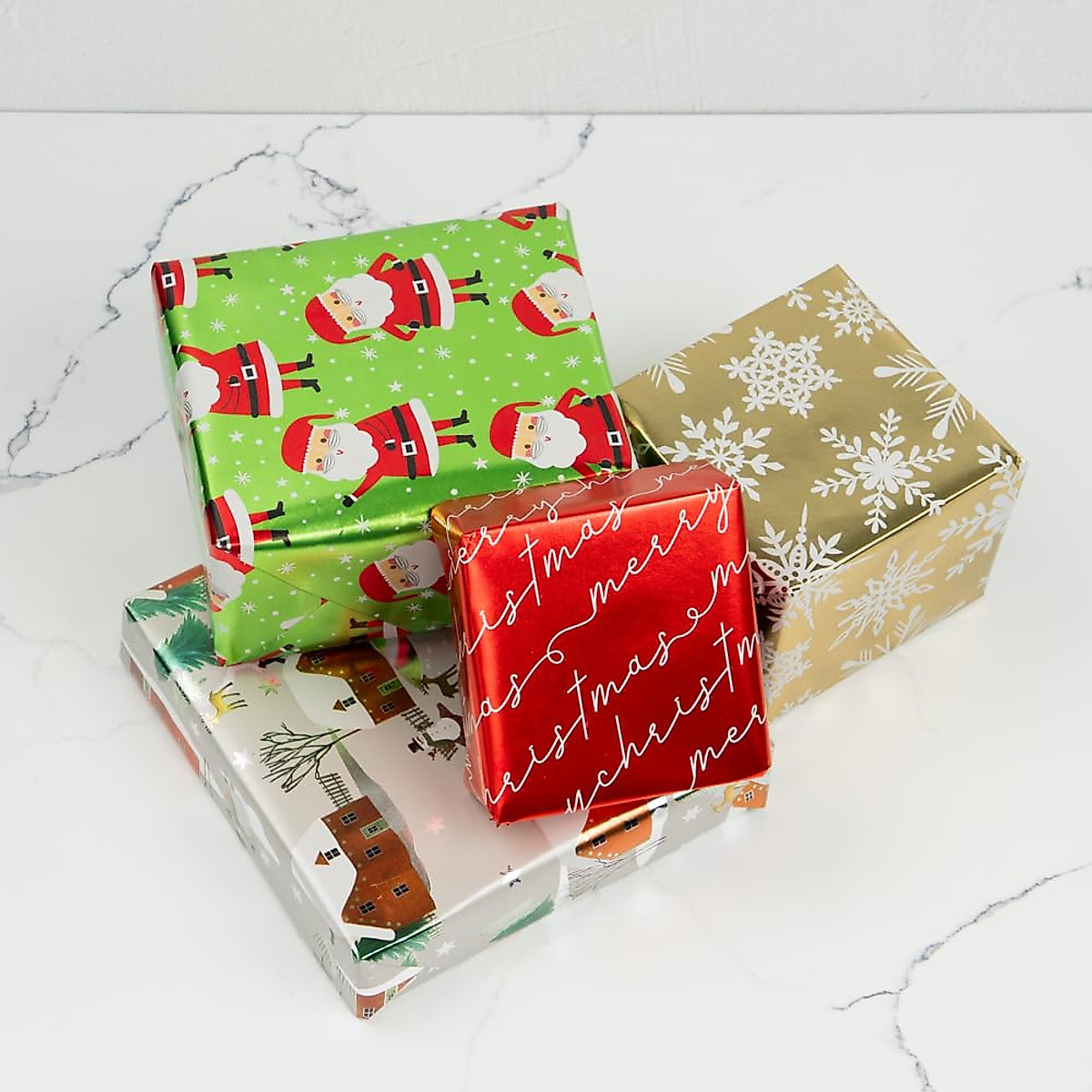 JAMPaper Assorted Gift Wrap - Christmas Foil Wrapping Paper - 100 Sq Ft Total - Elegant Merry Christmas Reindeer Set - 4 Rolls/Pack