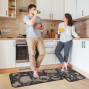J JOYSAY Skulls Kitchen Rugs and Mat 2 Pieces Set Cushioned Anti Fatigue Kitchen Mat Non Slip Floor Rug Washable Farmhouse Decor for Home Kitchen Hallway Bedroom