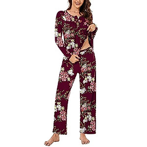 Bestbee Womens Pajama Set, 2 Piece Lounge Outfits Pleated Sleepwear Sets Long Sleeve With Pockets Ladies Pjs, M, Floral Wine