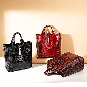 ZiMing Women Handbags and Purses Set Glossy Crocodile Pattern Leather Tote Bags Cross-body Bag Satchel Handbag Wallet Wristlets Bag 3 Pcs -Brown