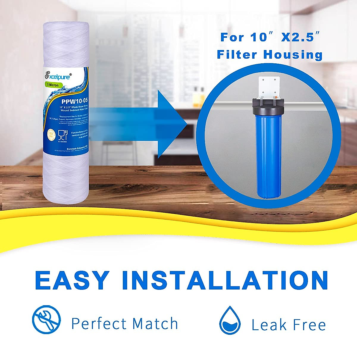 EXCELPURE 5 Micron 10"x2.5" Whole House String Wound Sediment Filter for Well Water, Replacement Cartridge for Universal 10 inch RO System, WP-5, Aqua-Pure AP110, CFS110, Culligan P5, CW-MF, 4PACK