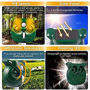 Ultrasonic Cat Deterrent, Outdoor 5 Modes Solar Powered Deterrent Device with Motion Sensor and Flashing Light, IP44 Waterproof Device for Garden, Farm, Yard, Dogs, Cats, Birds and More