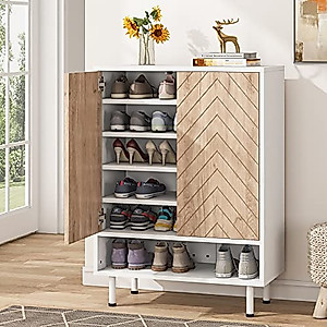 Tribesigns Shoe Cabinet, 18 Pair Rack Organizer Cabinet with Door, 6-Tier Modern Storage Shelves for Entryway Hallway Closet, White and Brown