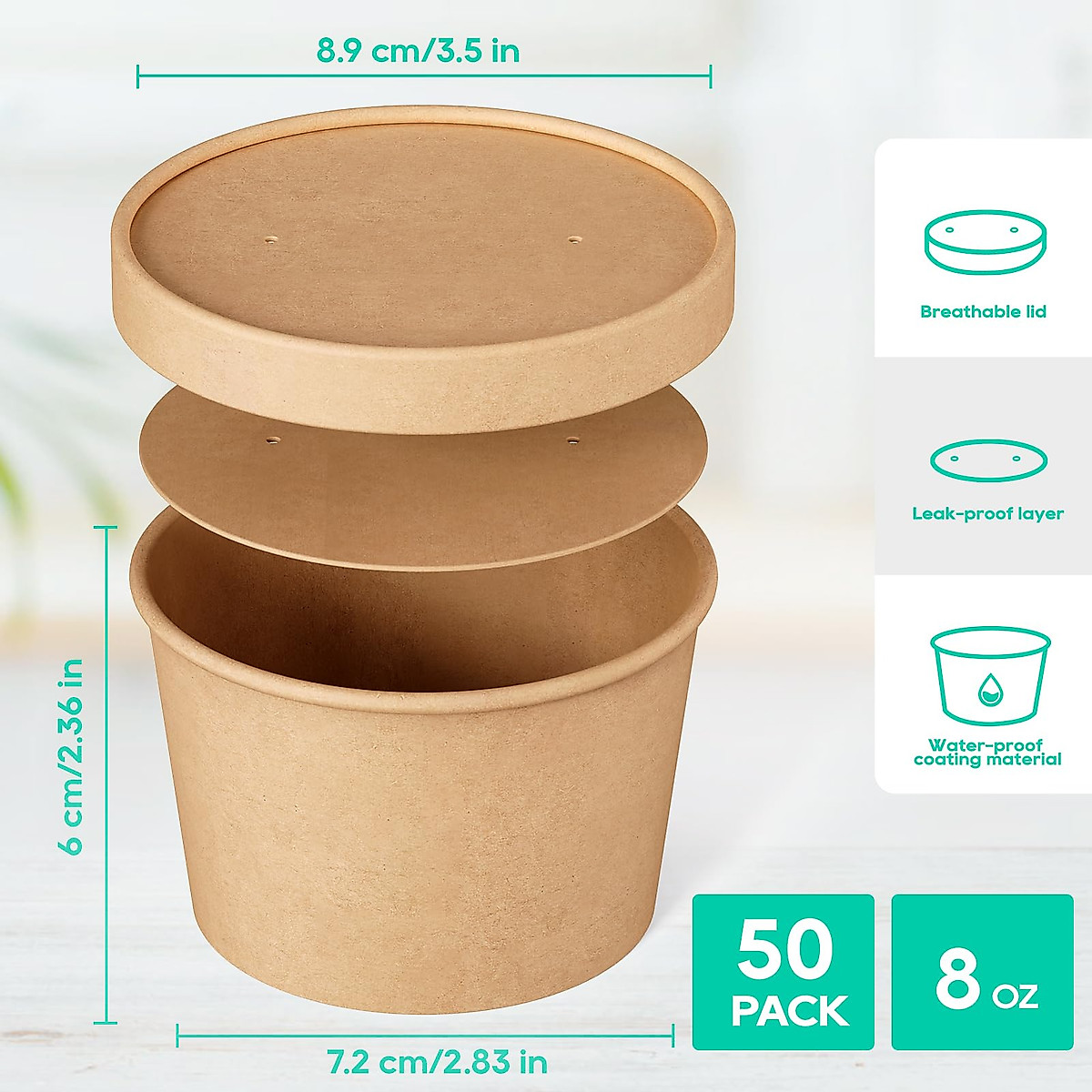 50pack 8oz Paper Soup Containers with Lids, Disposable Kraft Paper Food Cups, Ice Cream Cups, Paper food Storage with Lids, Microwavable and Freezer Safe, Suitable for Christmas Thanksgiving (Brown)
