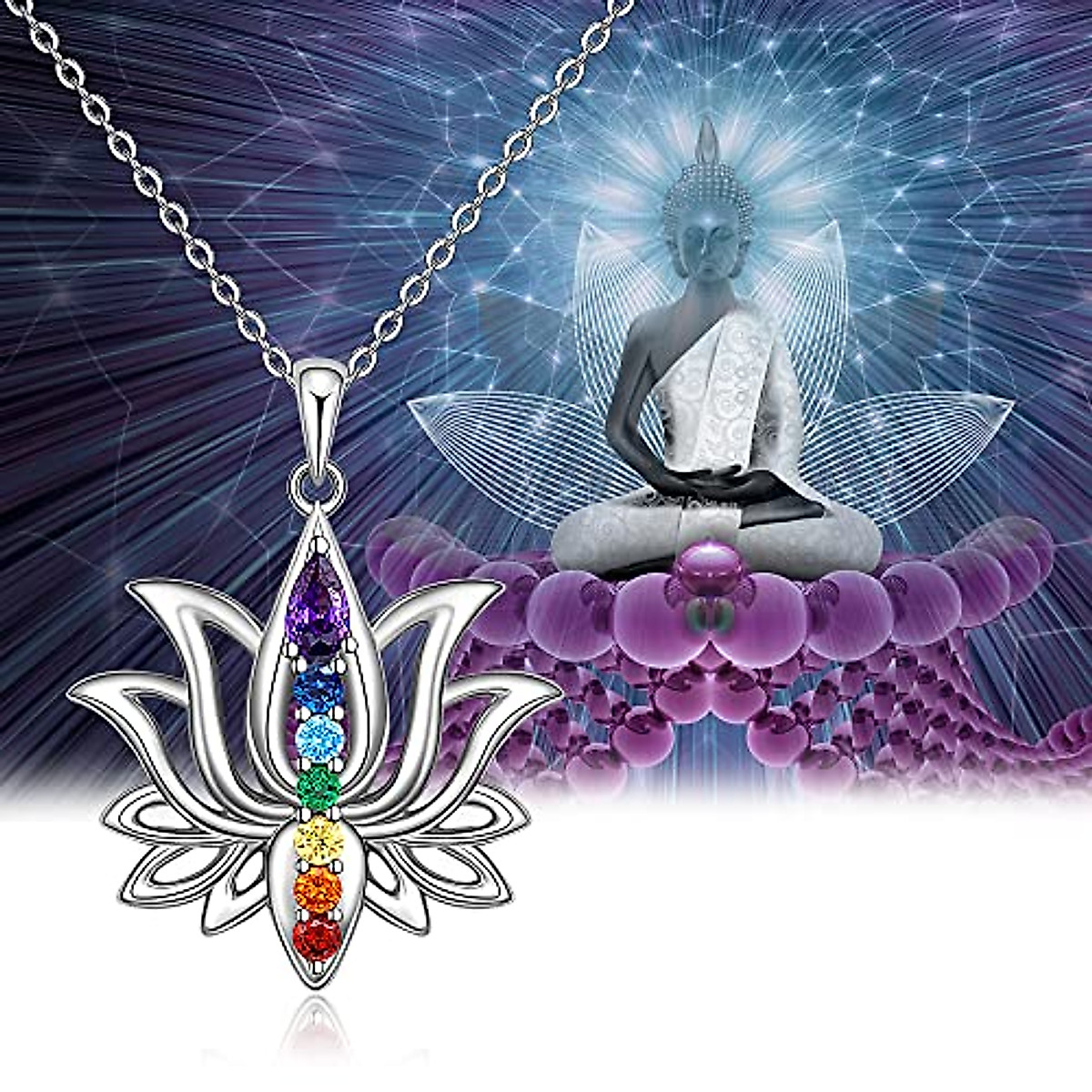 Jewlikee 7 Chakra Necklace Sterling Silver Yoga Lotus Pendant Chakra Stone Bar Necklaces for Women Energy Balance