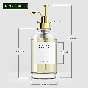 TIMIFTE Coffee Syrup Dispenser for Coffee Bar Accessories，Coffee Pump Dispenser, Glass Syrup Bottle with Gold Pumps and 42 Labels, 16.9 oz 500 ml (6 Pack)