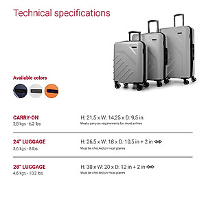 Swiss Mobility LGA Collection 3 Piece Hard Shell Luggage Set, Expandable Suitcases with 360-Degree Spinner Wheels, Retractable Handle, 20 Inch Carry On, 24 Inch Mid-size, 28 Inch Large Bags, Silver