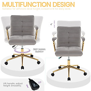 MFD LIVING Velvet Home Office Desk Chair, Upholstered Adjustable Swivel Task Chair with Wheels, Tufted Mid-Back Computer Chair with Arms, for Study Living Room Vanity (Grey, Gold Base)