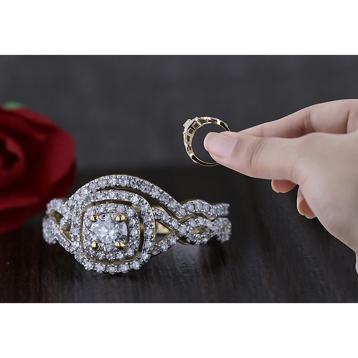 Dazzlingrock Collection 1.00 Carat (Ctw) Round Lab Grown White Diamond Criss Cross Style Engagement Ring Set for Her in 18K Yellow Gold Size 5.5