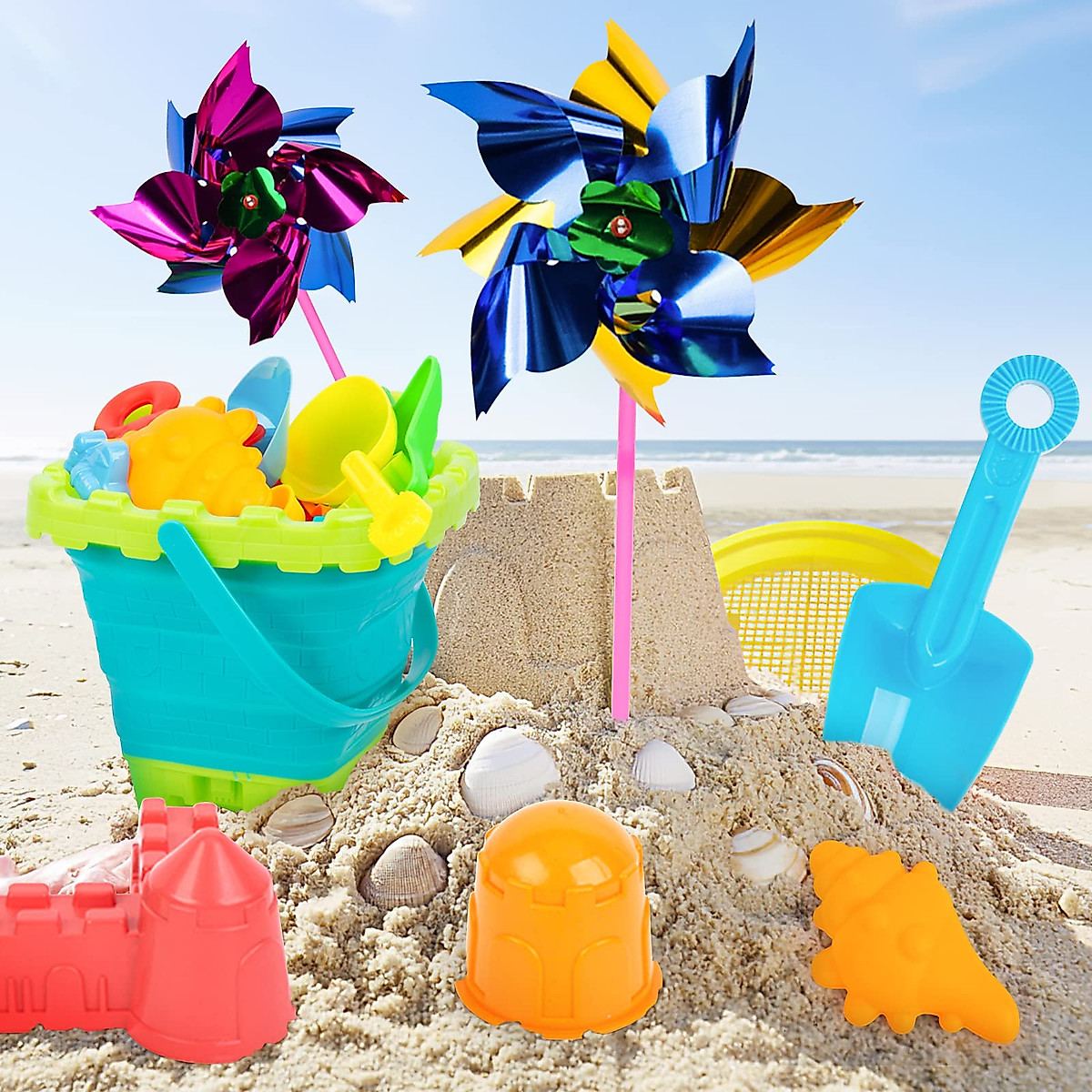 AMOR Present Beach Toys Set 31PCS, Foldable Bucket for Kids Sand Toys, Beach Pails and Collapsible Beach Toys with Castle and Sand Molds for Toddlers