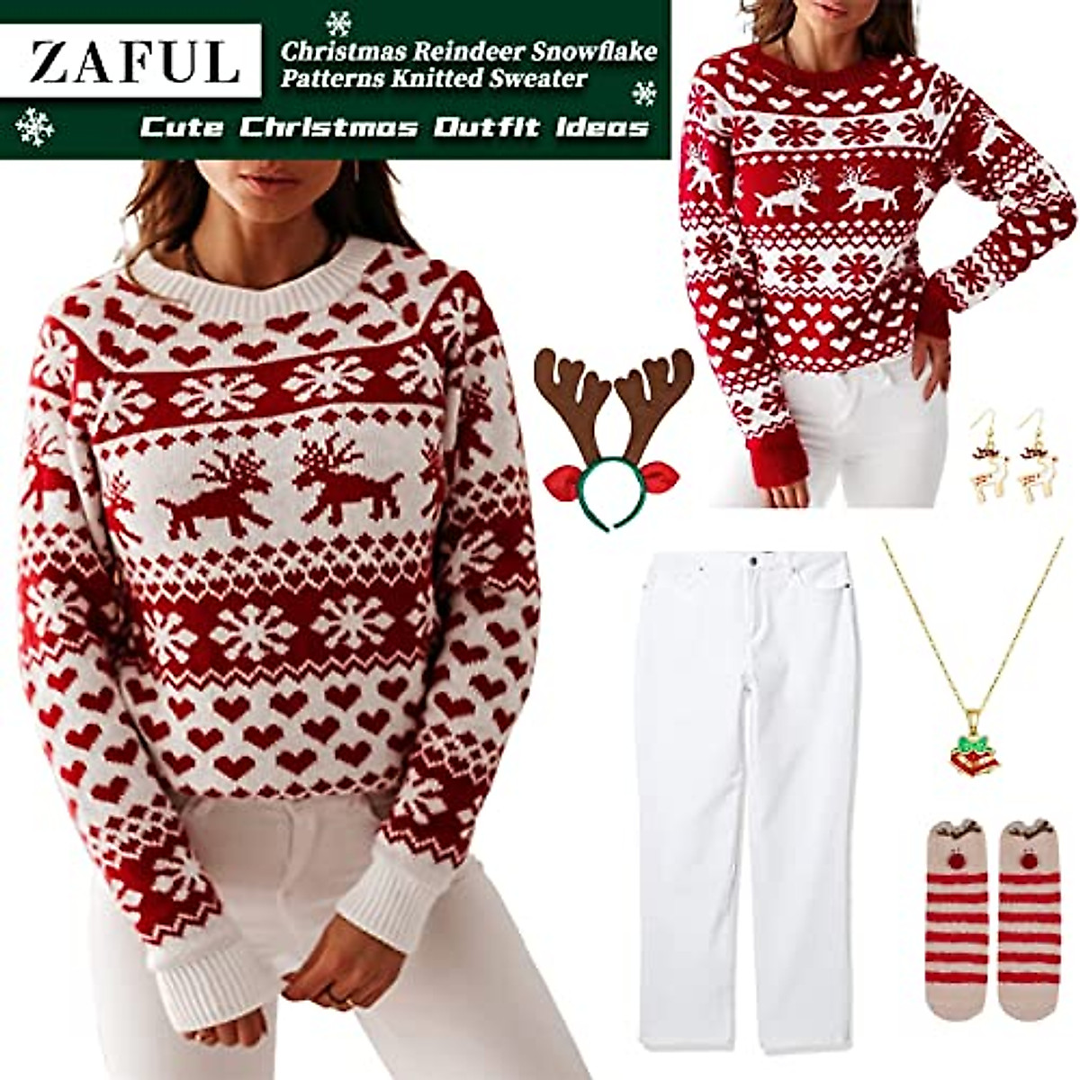 ZAFUL Women's Christmas Reindeer Xmas Snowflake Patterns Knitted Sweater Long Sleeve Elk Floral Printed Pullover