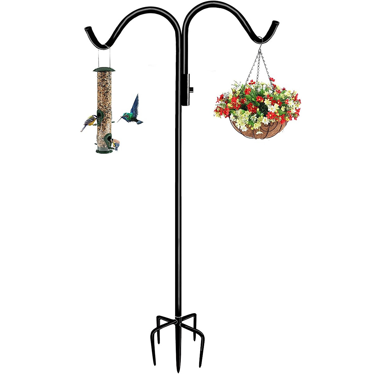 Tuohours 92 Inch Double Shepherd Hook Stand for Outdoor Birdfeeder, Adjustable Two Sided Garden Bird Feeder Pole Holder for Birdhouse Planter Solar Light Lantern, Black, 1 Pack