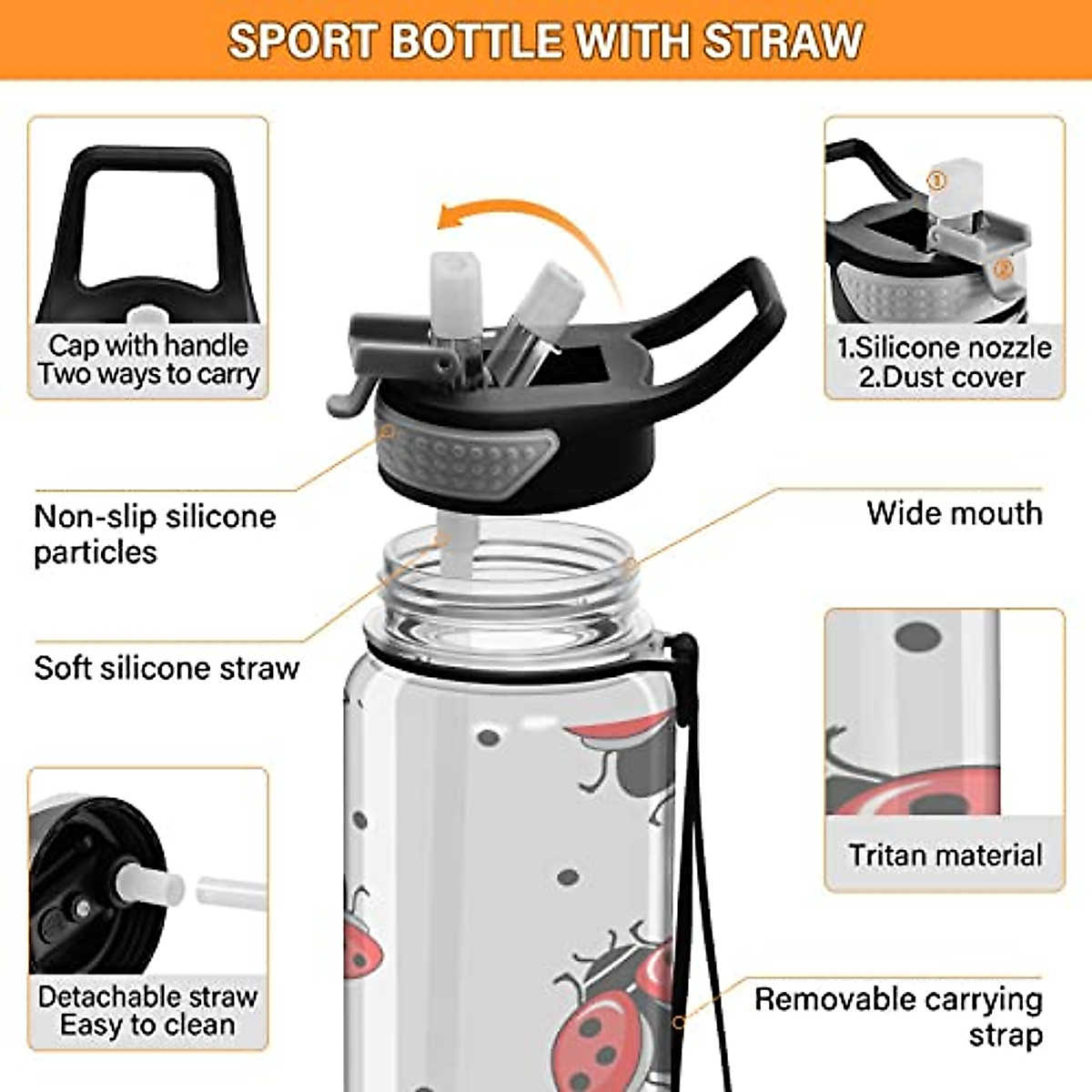 xigua Ladybug Water Bottle with Straw Lid,32 oz Leakproof Sport Water Bottle with Wide Handle for Gym,Cycling,School,Travel