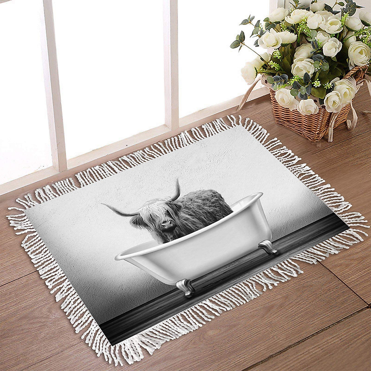 Beauty Decor Indoor Doormat Welcome Mat with Tassel Farmhouse Animal Highland Cow in Bathtub Bubble Funny Cattle Entrance Door Mat Rubber Backing Non Slip Area Rug for Home Office Garden- 18" x 30"