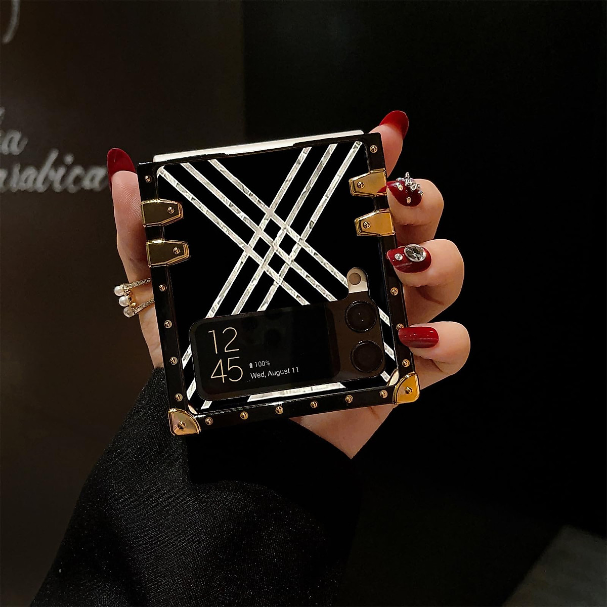 Ephoou for Samsung Galaxy Z Flip4 5G Case for Women,Square Rivet Metal Corner Design Phone Case Cover with Bling Diamond Ring Suitable for Samsung Galaxy Z Flip4 5G 6.7" BF-Black