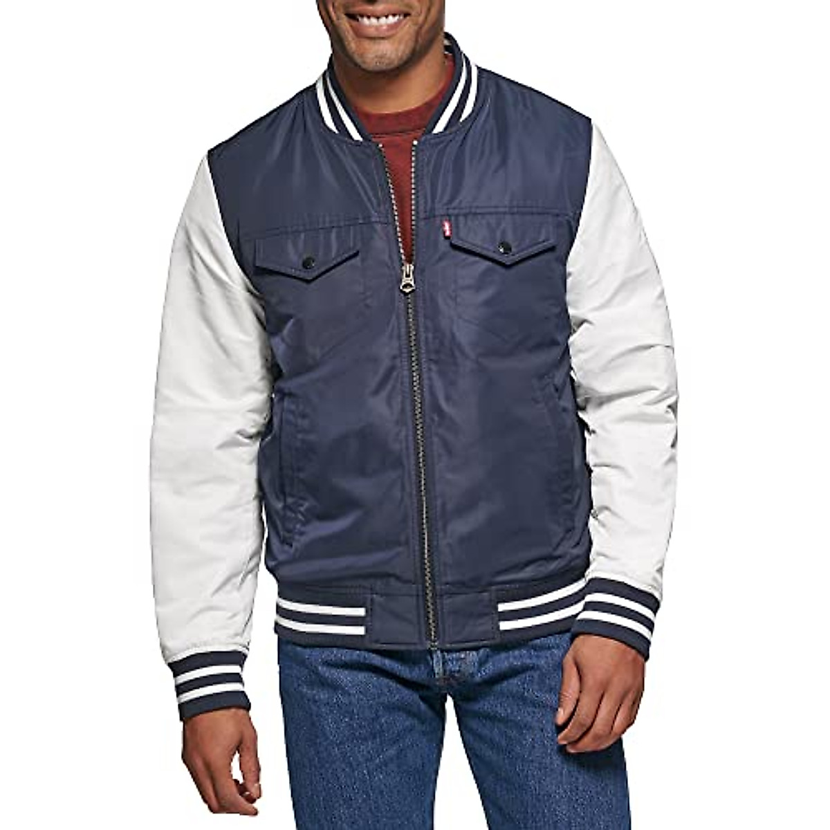 Levi's Men's Colorblock Varsity Bomber Jacket, Navy/White Patch, Large