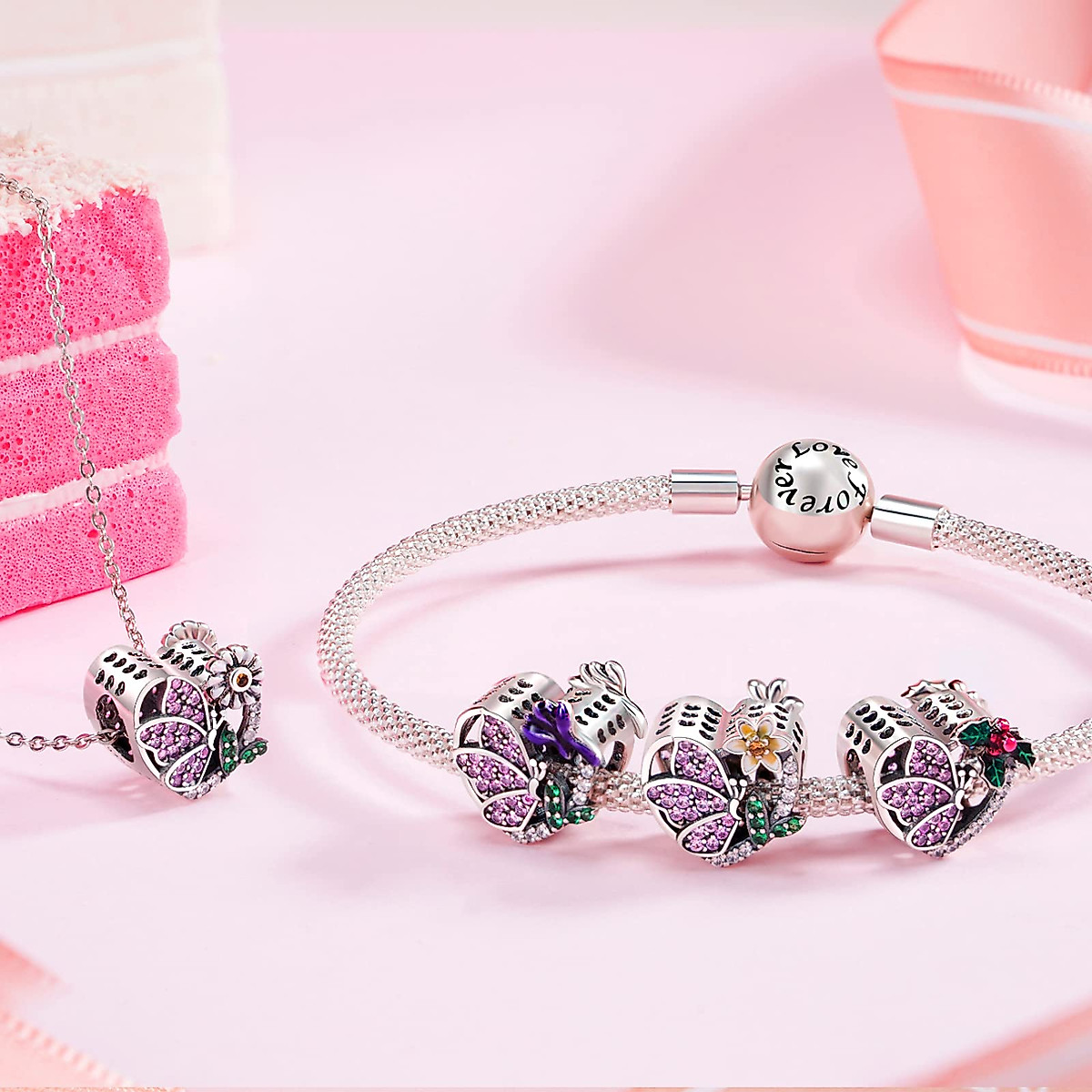 NINGAN June-Rose &Butterfly Birth Charm for Bracelets 925 Sterling Silver Pendant Bead with Cubic Zirconia Birthday Jewelry Gifts for Women Wife Mom Her