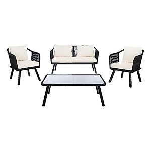 Safavieh Outdoor Collection Torsla Wicker Cushion 4-Piece Rope Patio Backyard Living Set PAT7520B, Black/Beige