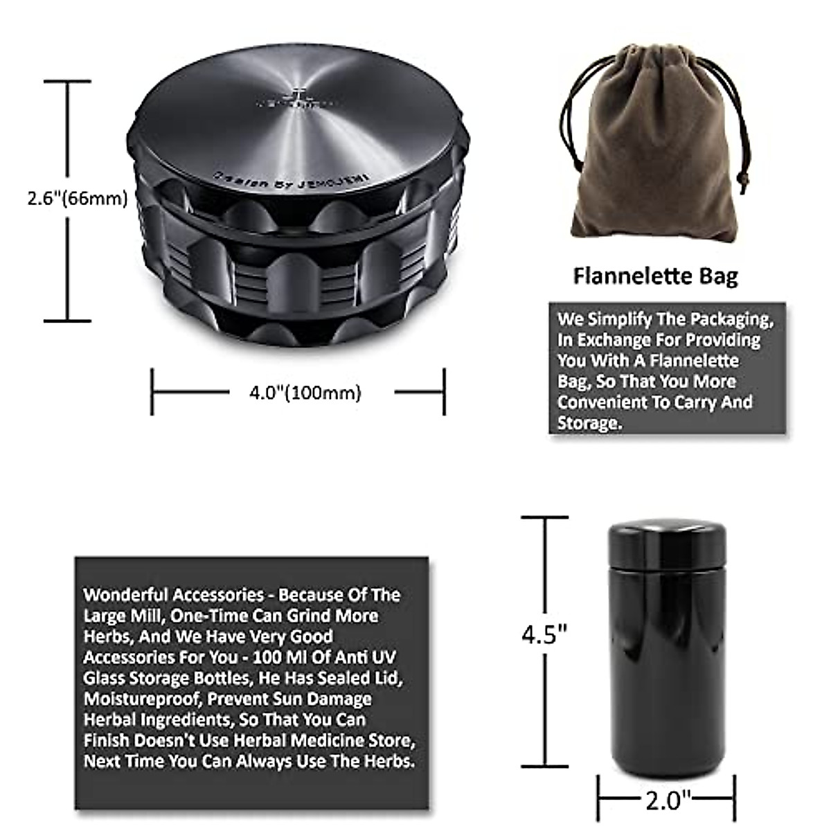 JENOJEMI Grinder Set: 4-Inch Grinder with Magnetic Aluminum Lid and UV-Sealed Glass Jar for Spices