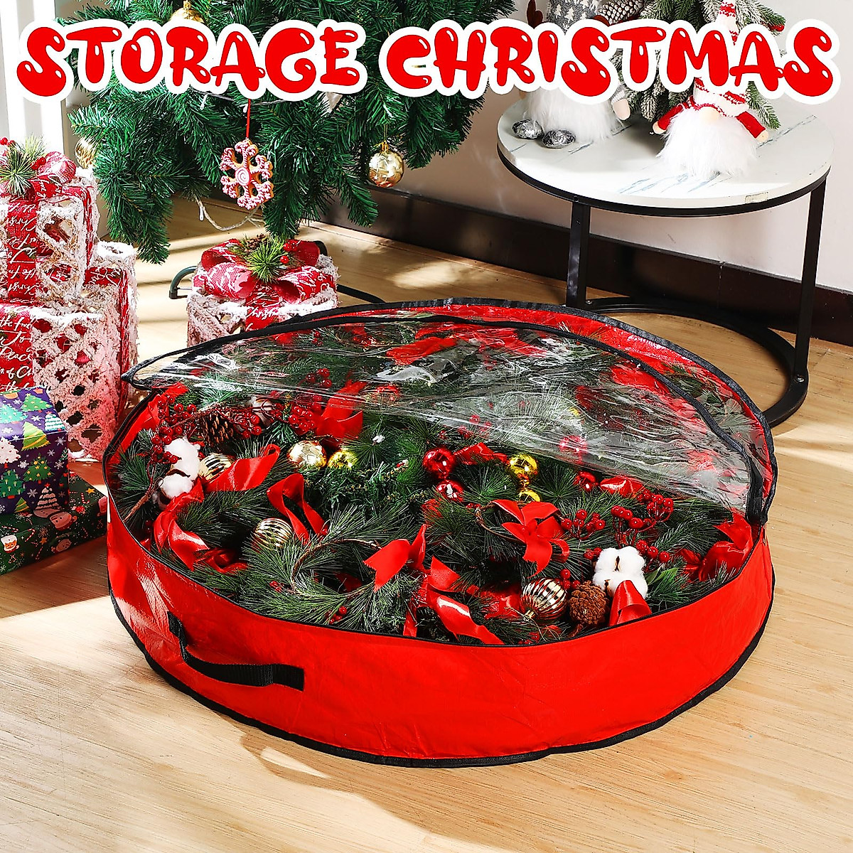 Aliceset 4 Pack Wreath Storage Containers, Christmas Garland Storage Bags with Window and Handles, Durable Christmas Decoration Box Holder for Holiday Xmas(36 x 36 x 7.8 Inch,Red)