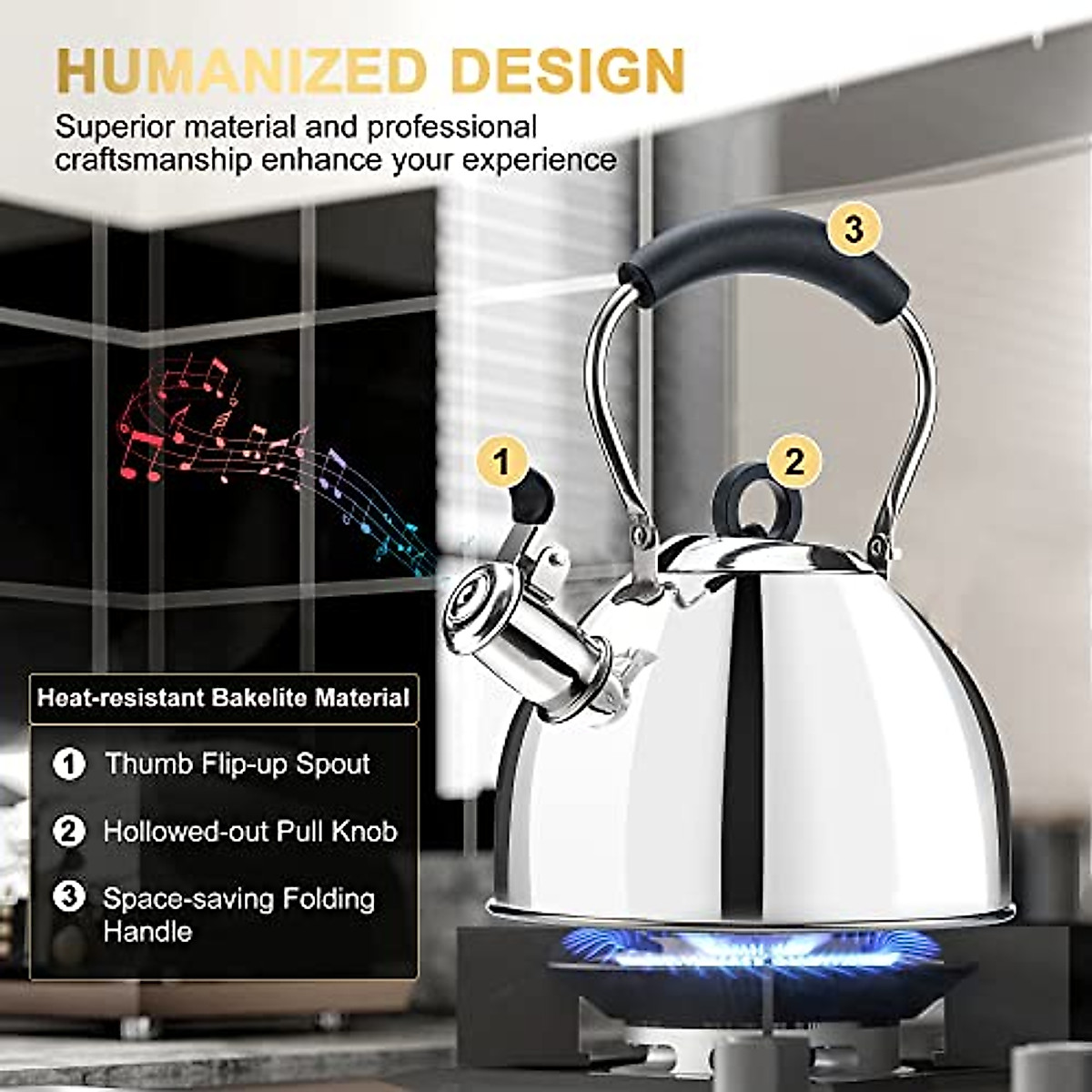 Tea Kettle Stovetop - HIHUOS 2.64QT Whistling Tea Pots for Stove Top - Sleek Teapots with Universal Base, Mirror Stainless Steel Teakettle with Cool Grip Bakelite Handle