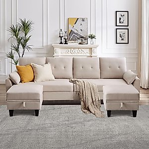 Convertible Sectional Sofa U Shape Sectional Couch with Double Reversible Ottoman Chaise Polyester Fibre 4 Seat Couches for Living Room, Beige