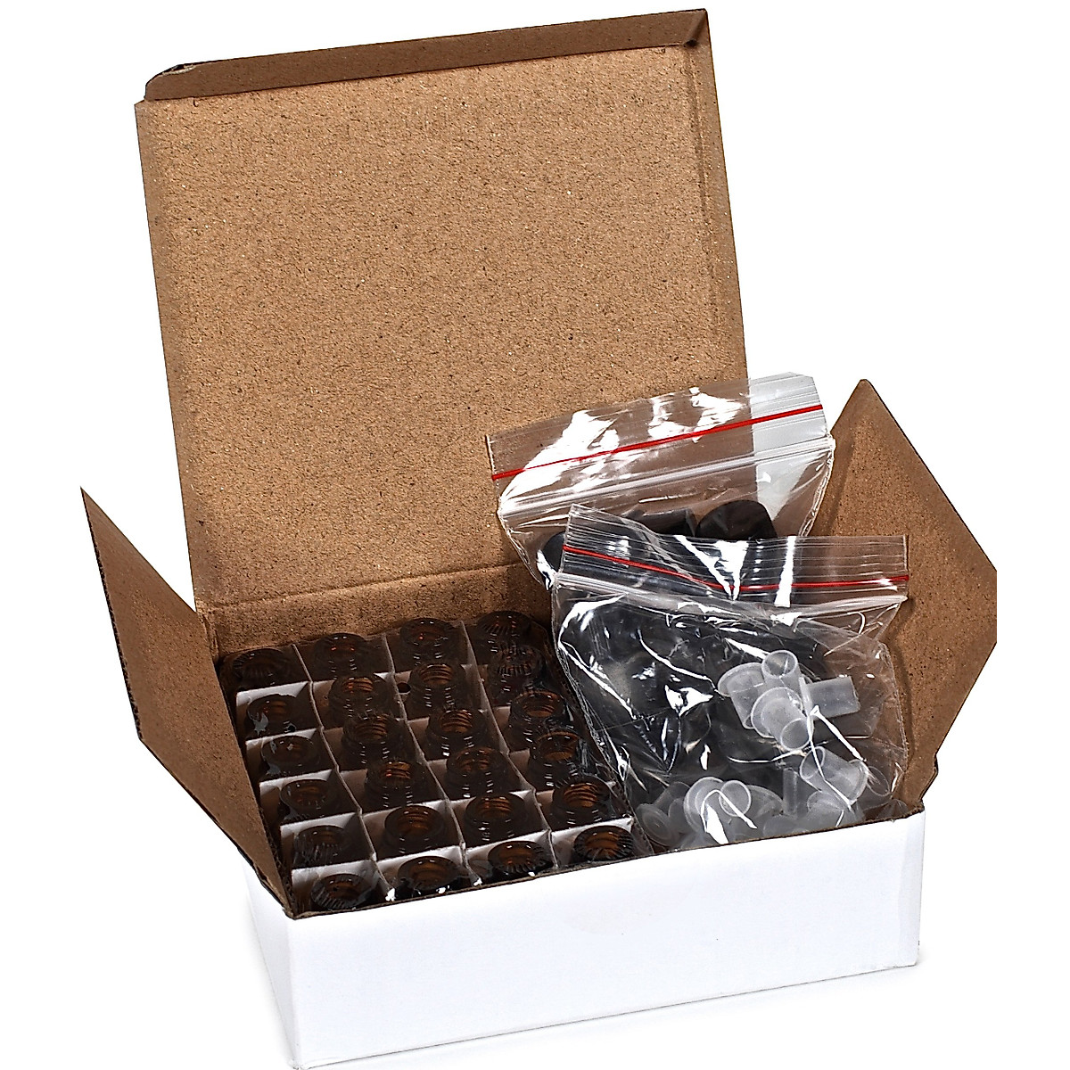 24, Amber, 1 ml (1/4 Dram) Glass Bottles, with Orifice Reducers and Black Caps