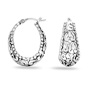 LeCalla Sterling Silver Earrings Filigree Hoops | Lightweight Italian 925 Silver Hoop Earrings Small Oval Antique Oxidized Filigree Design Earring Hoops for Women 25mm