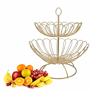 Atyhao Gold fruit basket, detachable 2-layer geometric large capacity anti-scratch gold fruit holder for home decoration