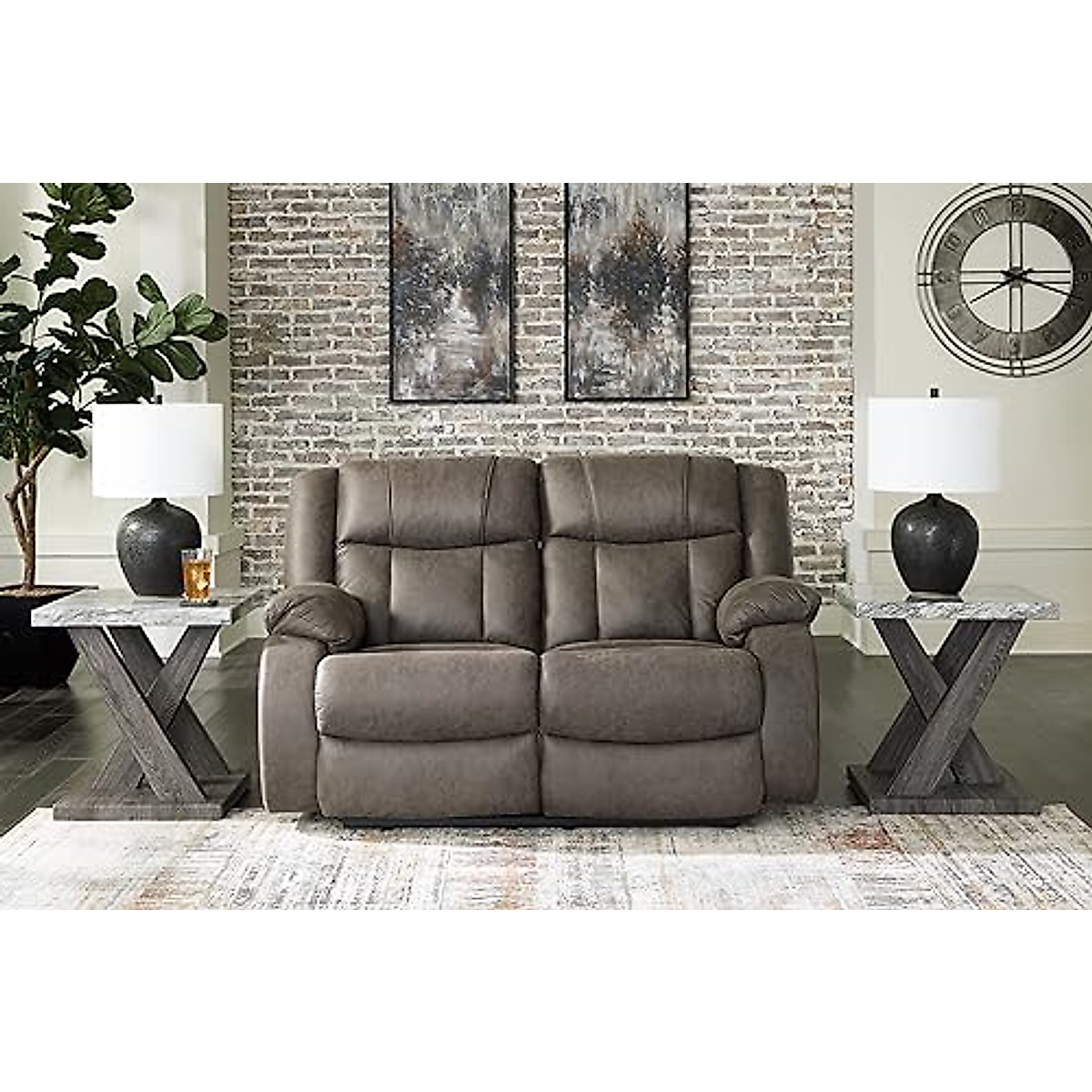 Signature Design by Ashley First Base Contemporary Faux Leather Manual Reclining Loveseat, Gray