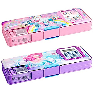 2 Pieces Multifunctional Pencil Box for Girls Unicorn Multifunction Pencil Case Plastic Mermaid Pencil Case with Calculator and Pencil Sharpener Pencil Pouch School Gifts for Kids Teens Supplies