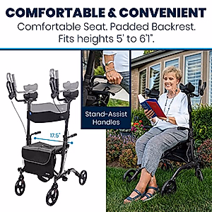 Vive Mobility Upright Walker with Seat - Stand Up Rollator, Arm Rests, Heavy Duty, Folding Medical Aid Scooter for Elderly, Seniors - Walking Assist, Foldable Transport Chair - 300 lb Capacity